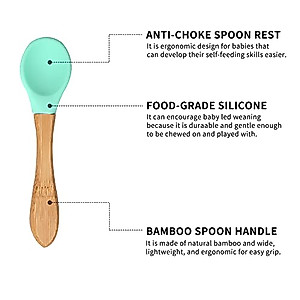 Baby Bamboo Suction Plate, Bowl and Spoon set - Wooden Feeding Set for Toddler 1-3 Year Old - Silicone Suction Sticks to Most High Chairs for Non Slip & Silicone Spoon Tips with Wood Handle - BPA Free