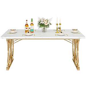 Tribesigns Modern Dining Table for 4-6 People, 63" Large Rectangular Kitchen Table with Faux Marble Tabletop and Gold Geometric Legs, Unique Dinner Table Kitchen & Dining Room Furniture, White & Gold
