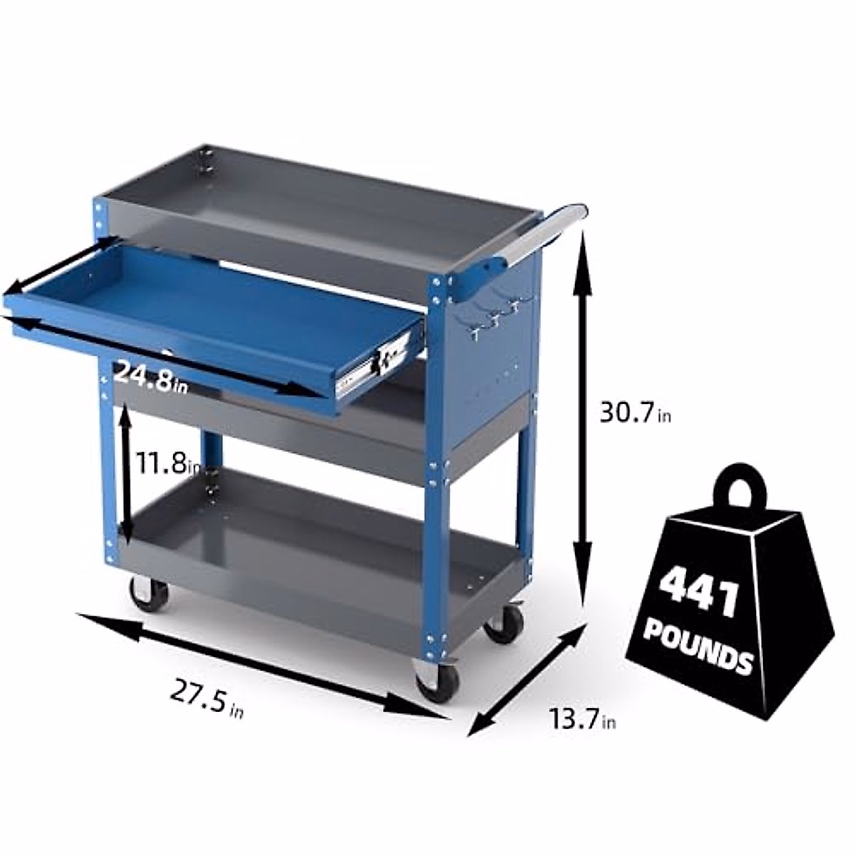 AIRAJ 3 Tier Rolling Tool Cart on Wheels,Metal Heavy Duty Mechanic Cart with Drawers and Pegboard,440 LBS Capacity Industrial Utility Cart,Tool Storage Cart for Garage,Warehouse,Blue-Black