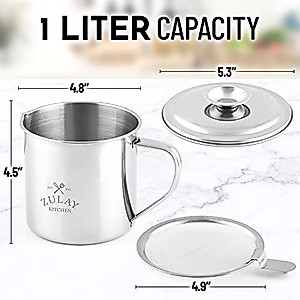 Zulay Kitchen Bacon Grease Container With Strainer - 1L Stainless Steel Cooking Oil Container With Lid & Handle - Large Ghee Container or Bacon Fat Container Perfect For Storing Fats & Frying Oils