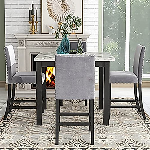 Merax 5-Piece Counter Height Dining Table Set with One Faux Marble Dining Table and Four Upholstered-Seat Chairs, Table top: 40in.L x40in.W, for Kitchen and Living Room Furniture, Grey+White