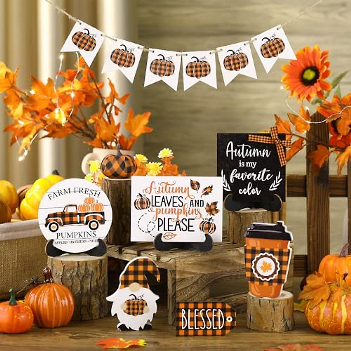 Maitys 13 Pcs Fall Tiered Tray Decor Set Thanksgiving Pumpkin Gnome Rustic Farmhouse Decor Fall Decor Autumn Harvest Decorative Trays Wooden Tabletop Signs for Home Kitchen(Orange Plaid Style)