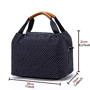 CALIYO Lunch Bag for Women, Insulated Kids Lunch Container with Leather Holder, Foldable Cute Small Cooler Polka Dot Lunch Tote Bag for Office School Picnic Camping Travel, 9L,Black