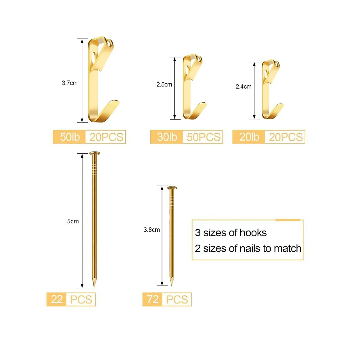 184 Pieces Picture Hanging Kit, 20lb, 30lb, and 50lb Picture Hangers, Metal Picture Hanging Hooks with Nails, on Drywall, Wooden Wall(Gold)