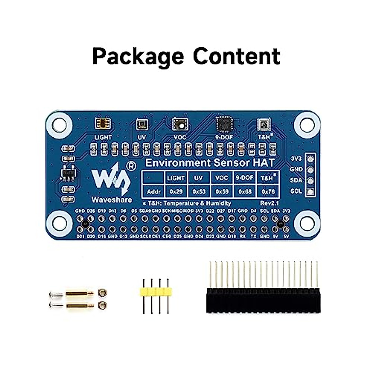 Waveshare Environment Sensor HAT, Compatible with Raspberry Pi 5/4B/3B/Zero/Zero W/Zero 2W/Pico/Pico W/Pico WH, I2C Bus with Rich Onboard Resources Including Ambient Light Sensor VOC Sensor