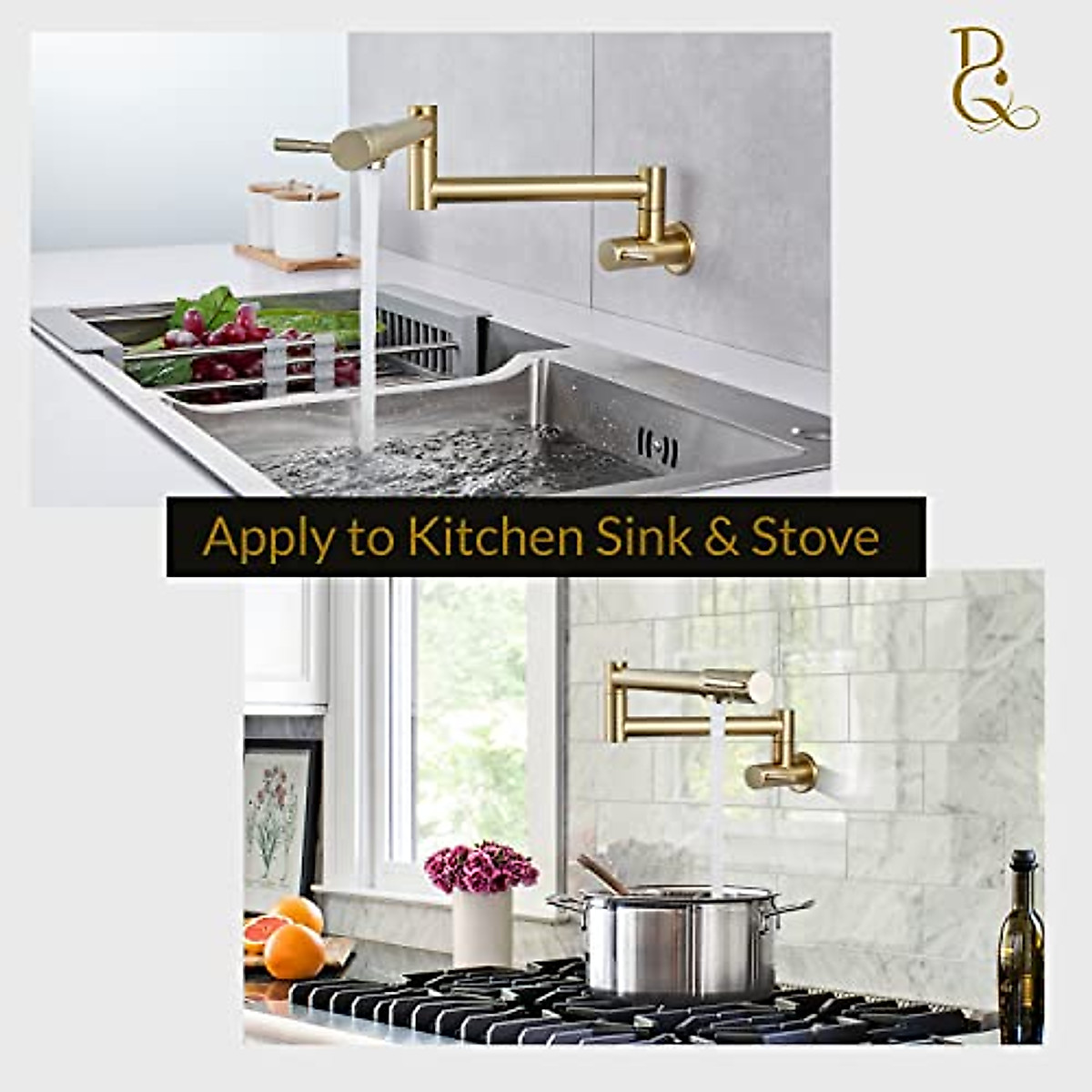 Brassqueen Wall Mounted Pot Filler Kitchen Faucet, Brushed Gold Finish, 2.2 GPM, 15 L/min, 1/2 NPT Connecting Thread, Stainless Steel Core, Dual Ceramic Valves, Anti-Scratch Matte Plating