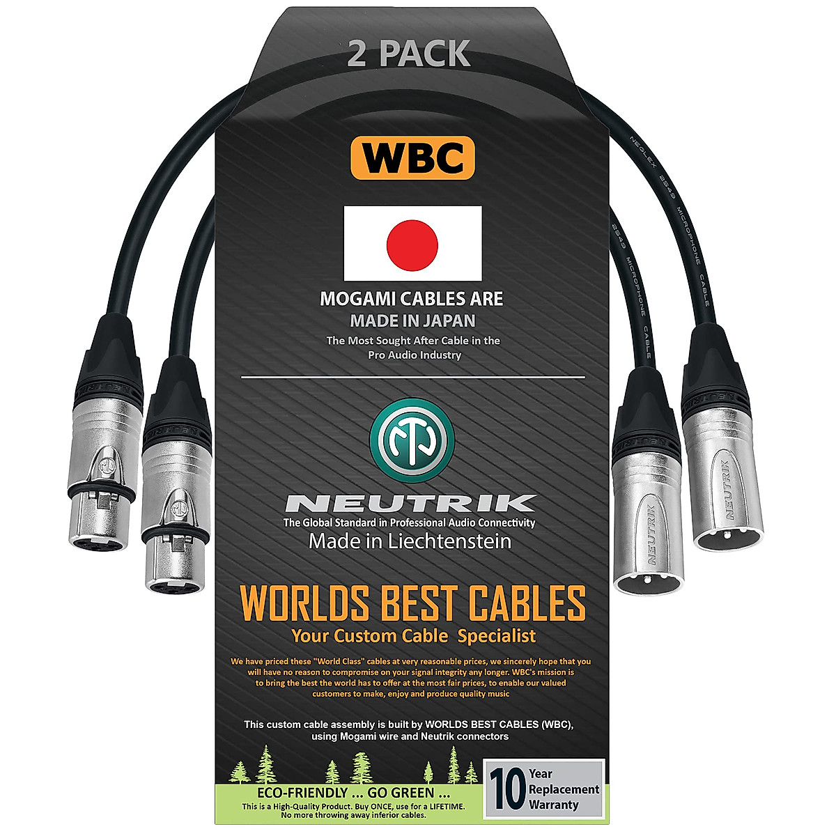 WORLDS BEST CABLES 2 Units - 1.5 Foot - Balanced Microphone Cable Custom Made Using Mogami 2549 (Black) Wire and Neutrik NC3MXX & NC3FXX Silver XLR Plugs