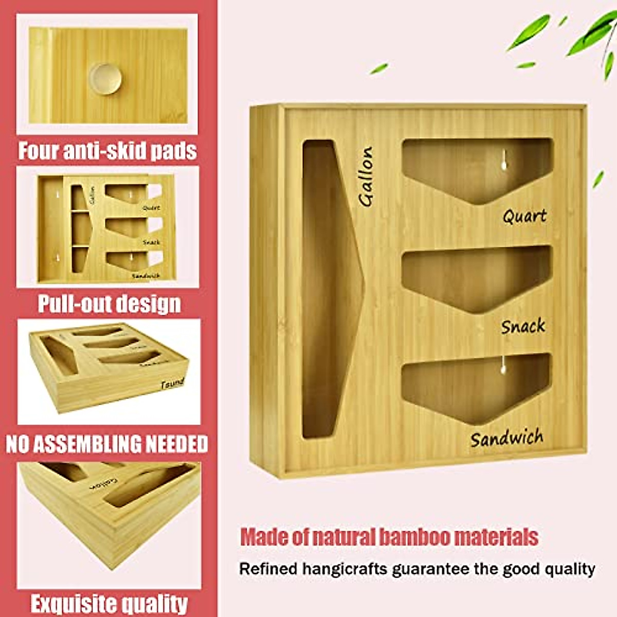 bamboo food sandwich ziplock bags storage organizers and storage drawers for drawer kitchen, gallon plastic gallon quart ziploc baggie holders dispenser…