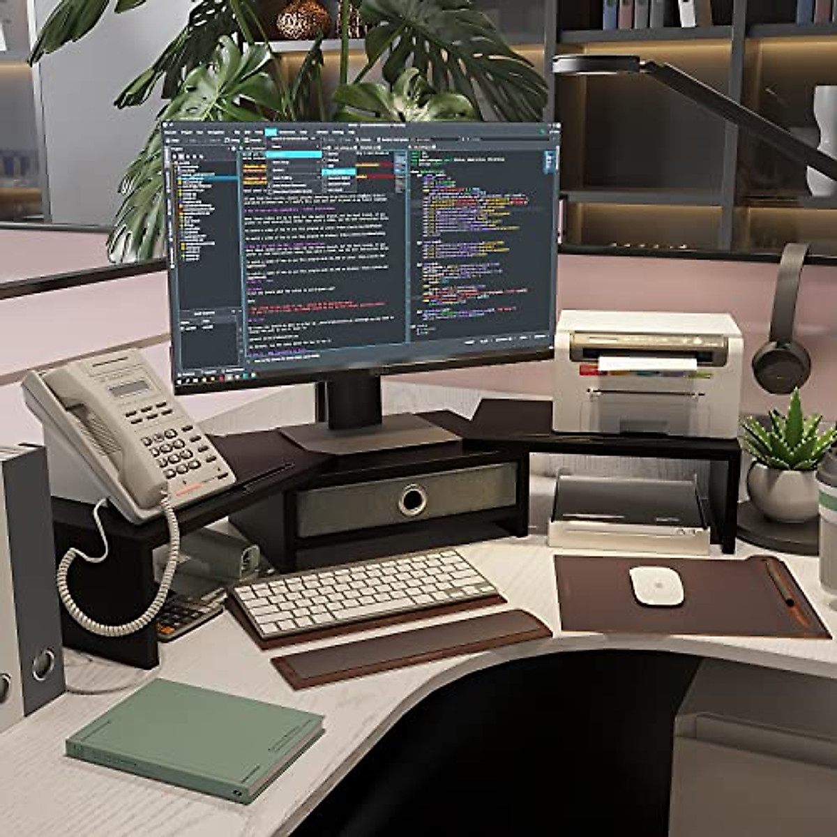 ORLALAR Dual Computer Monitor Stand with Drawer, Office Supplies Desktop Organizer Stand 3 Shelf Monitor Riser with Adjustable Length and Angle, Home Office Desk Accessories, Black