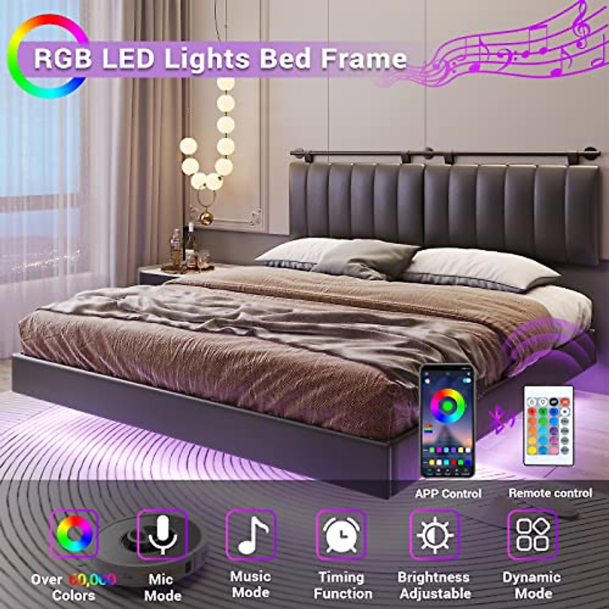 DICTAC King Floating Bed Frame with LED Lights and Wall Mounted Headboard Modern Upholstered Platform Low Profile LED Bed Frame King Size, No Box Spring Needed, Noise Free, Easy Assembly,Black