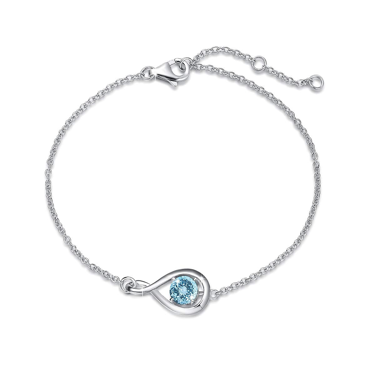 FANCIME Aquamarine Bracelet 925 Sterling Silver Infinity Bracelet Blue Gemstone March Birthstone Fine Jewelry Birthday Anniversary Graduation Gifts for Women Her Mom, Length 6.7"+1.2"
