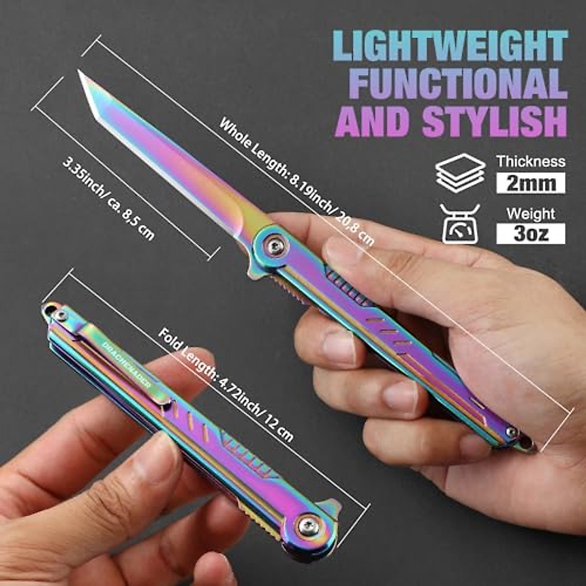DRACHENADER Tanto Folding Knife for Women and Men, Rainbow Color Slim Gentleman's Tanto Balde Pocket Knife Small Mini Edc Knife for Keychain