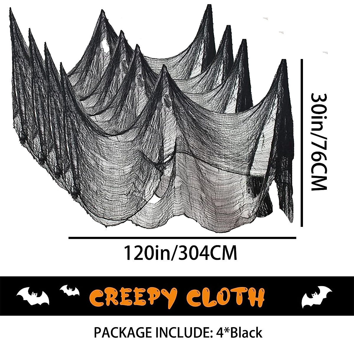 Kijamilee 4 Pack Halloween Creepy Cloth, Scary Spooky Cloth Creepy Gauze, 30 x 120inch Freaky Loose Weave Creepy Cloth, Decorations for Haunted Houses Props Halloween Wall Outdoor Indoor Decor (Black)