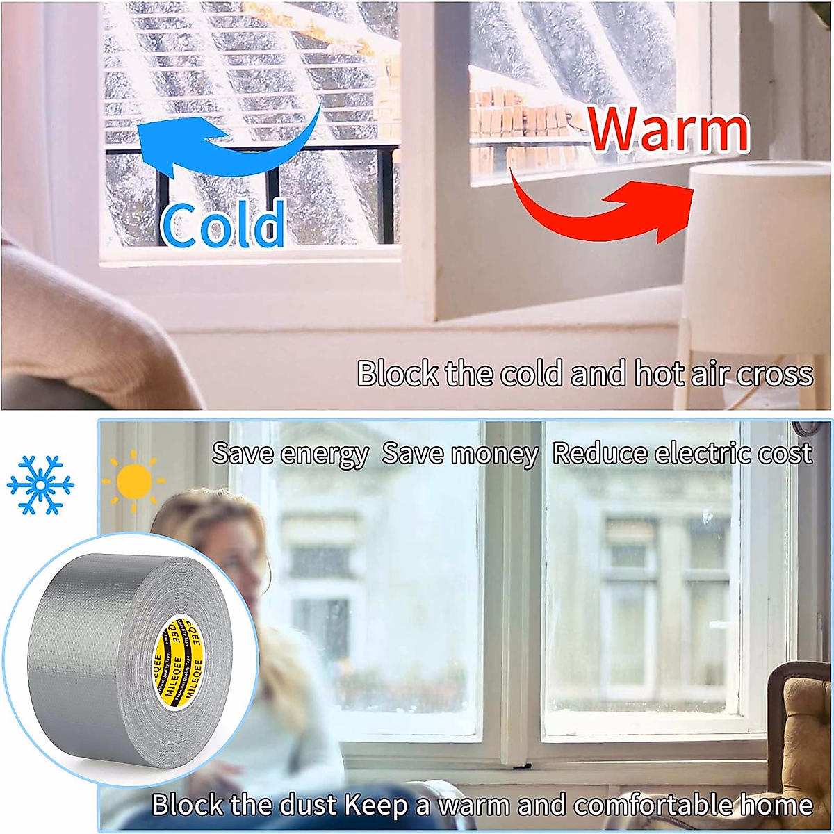 MILEQEE Cloth Duct Window Seal Strip Tape for Winter, 2.75in x 66FT, Weather Stripping Sealing Insulation Tape for Windows and Door, Easy Tear Sealer Draft Blocker Silver