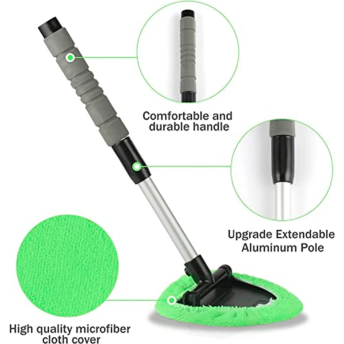 JUSTTOP Windshield Cleaning Tool, Car Window Cleaner with Unbreakable Extendable Long-Reach Handle and Washable Reusable Microfiber Cloth, Car Exterior Accessories, Green
