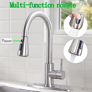 HOTIS Kitchen Faucet with Pull Down Spray, High Arc Commercial Brushed Nickel Kitchen Sink Faucets, Small RV Stainless Steel Single Handle Pull Out Faucet for Kitchen Sink with Deck Plate