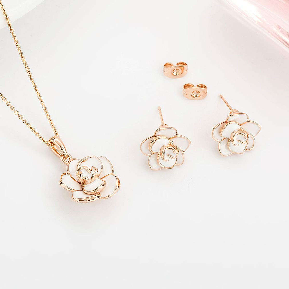 EVEVIC Rose Flower Necklace Earrings Set for Women 18K Gold Plated Jewelry Sets (White)