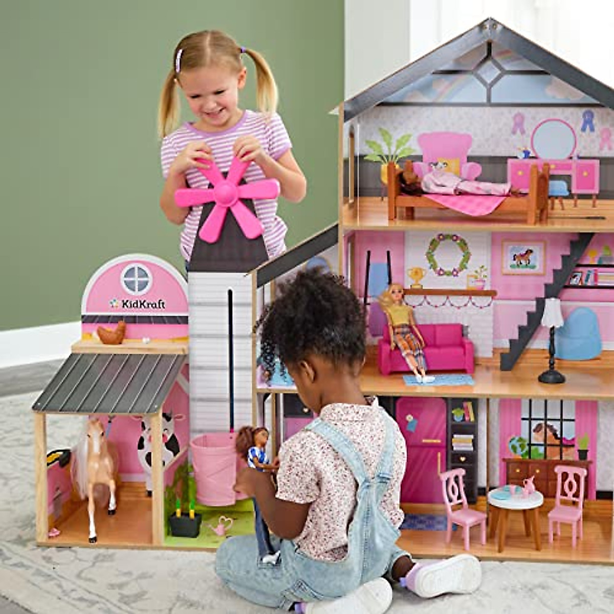 KidKraft Windmill Elevator 2-in-1 Wooden Barn & Dollhouse with Horse and Lights & Sounds, Over 3 Feet Tall, Pink
