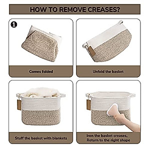 Goodpick Woven Storage Basket for Shelves, Cotton Rope Dog Toy Bin, Empty Gift Basket with Handles, Square Baskets for Storage Shelves, Brown and White Storage Bin, 13.5 x 11 x 9.5 Inches