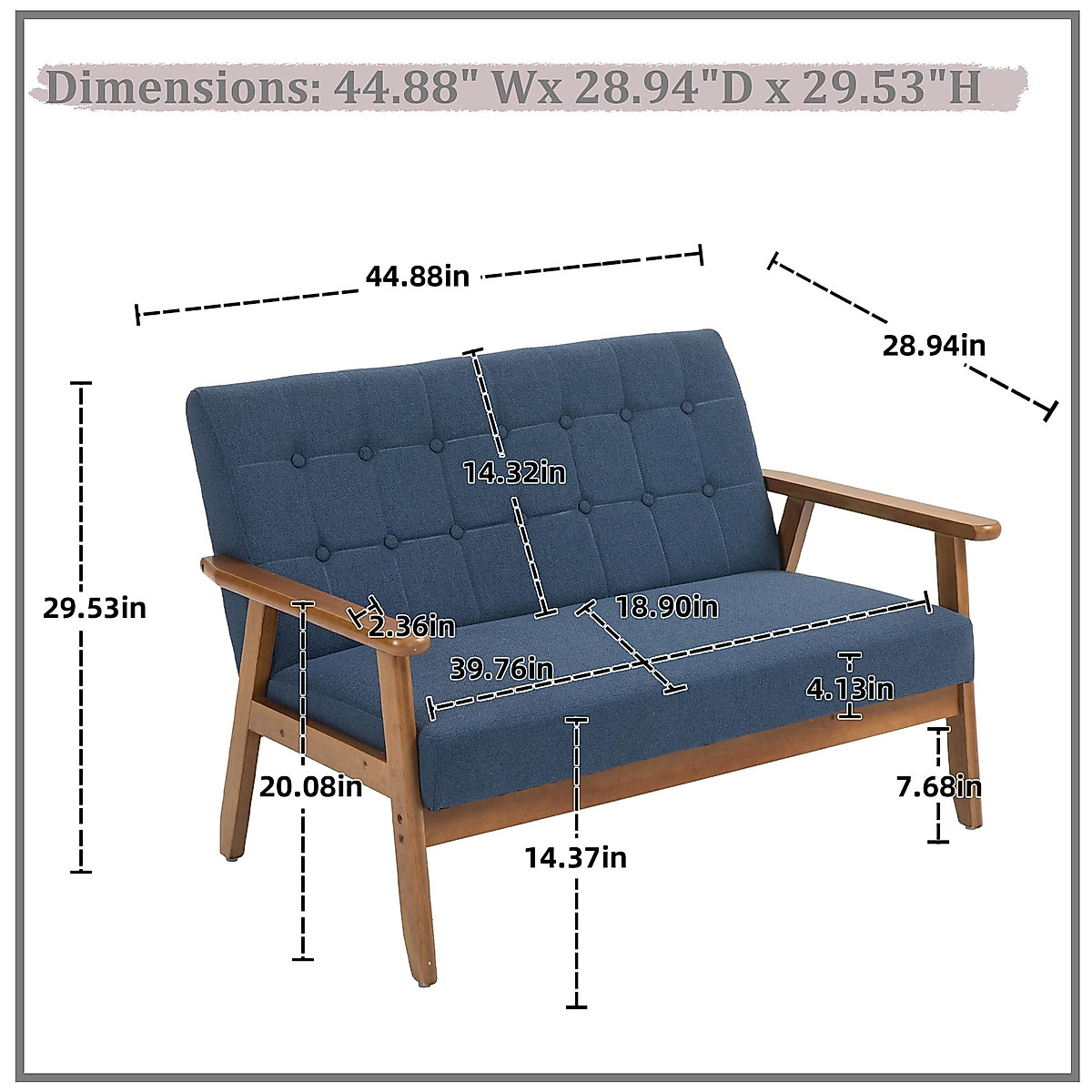Dolonm Mid Century Modern Loveseat, Small Loveseat Sofa with Wood Frame, Linen Loveseat for Small Space, Settee Loveseat Bench for Bedroom, Button Tufted Oversized Living Room Armchair, Navy