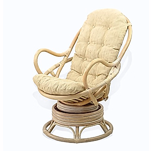 SK New Interiors Lounge Swivel Rocking Java Chair Rattan Wicker Handmade with Cream Cushion, White Wash