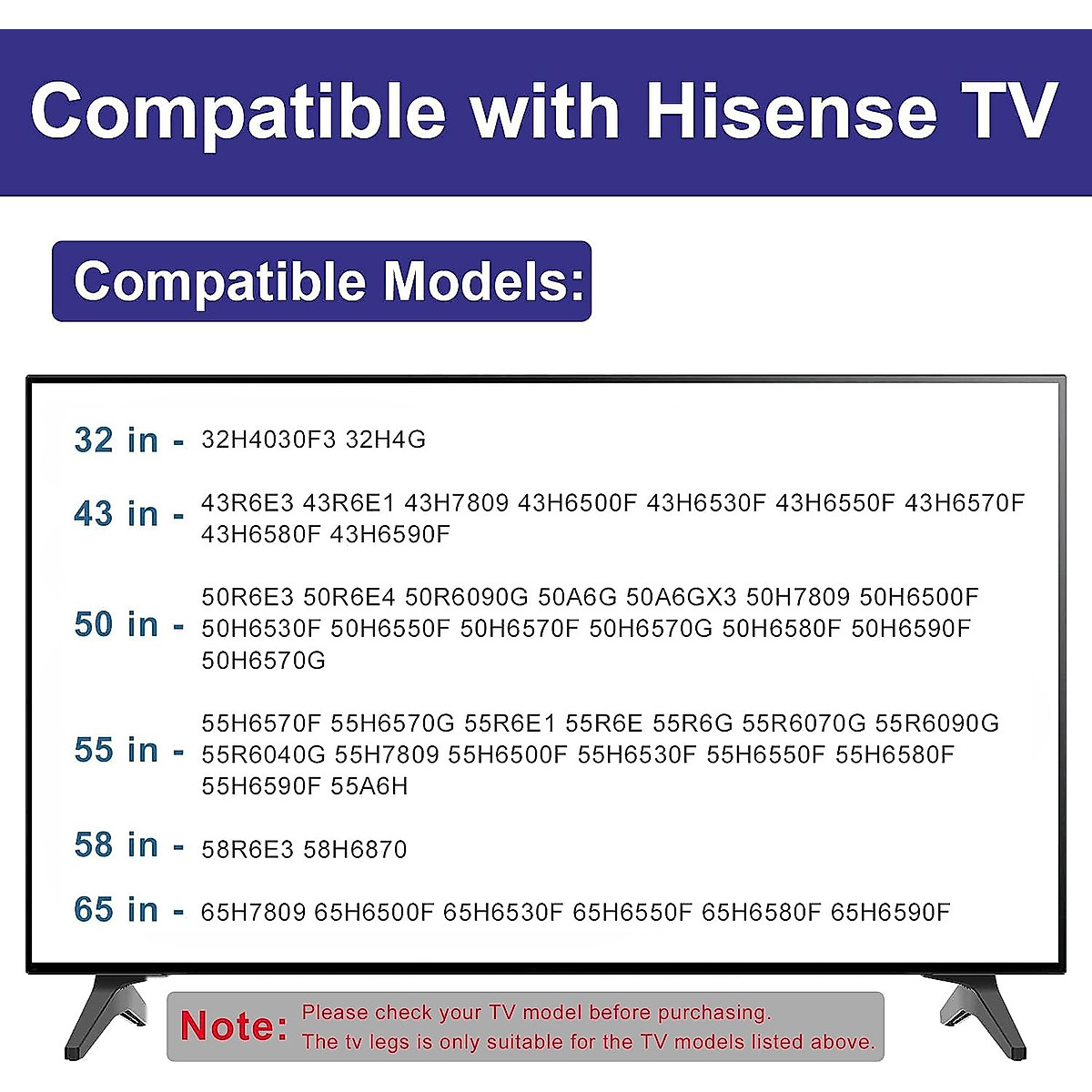 TV Base Stand for Hisense TV Legs, TV Stand Legs for Hisense 32" 43" 50" 55" 58" 65" TV, for 32H4030F3 32H4G 43R6E3 43R6E1 50R6E3 50R6E4 50R6090G 55R6E1 55R6E 55R6070G 58R6E3 65H6570F, with Screws