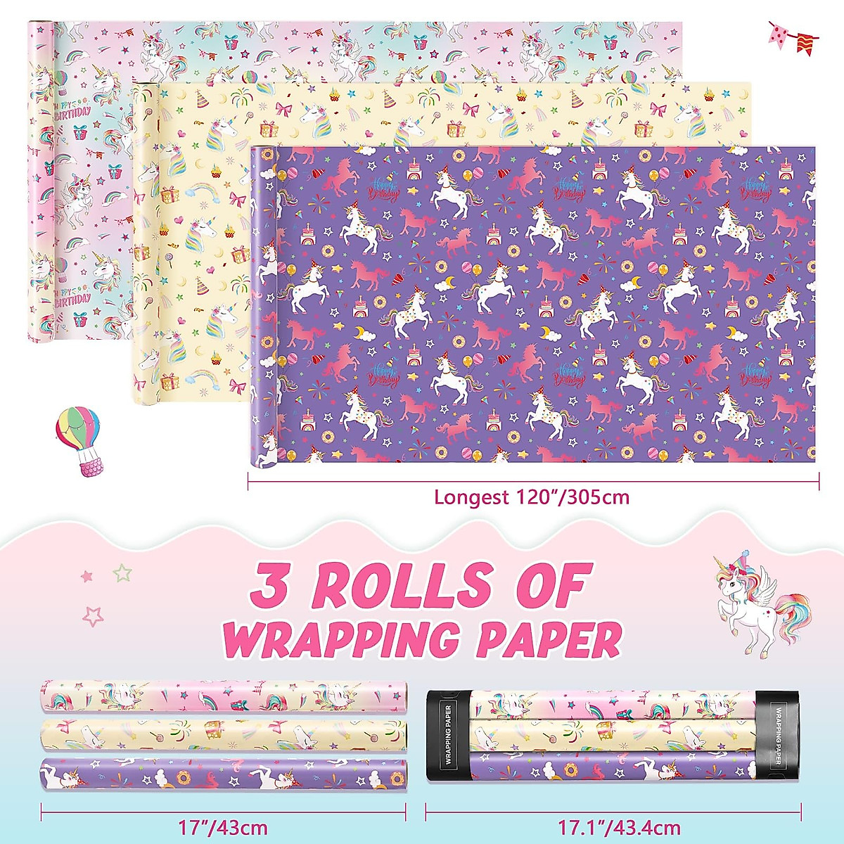 WERNNSAI Unicorn Wrapping Paper Rolls - 3 Rolls 17” x 120” Unicorn Birthday Wrapping Paper Rolls Pink Unicorn Rainbow Gift Wrap Paper Girls Purple Wrapping Paper Rolls Kids Bday Gift Wrap with Cutting Line