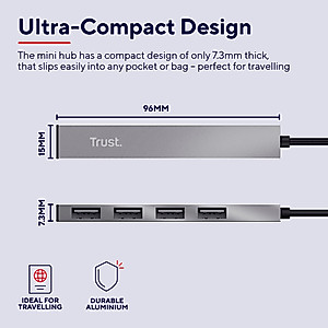 Trust 23786 Halyx Aluminium 4-Port Mini USB 2.0 Hub for PC, Laptop, Mac - Silver