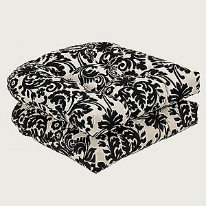 Pillow Perfect Damask Indoor/Outdoor Chair Seat Cushion, Tufted, Weather, and Fade Resistant, 19" x 19", Black/Ivory Essence, 2 Count
