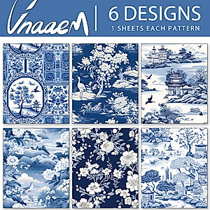 Vnaaem Chinoiserie Wrapping Paper 6 Pc Classic Chinese Landscape Vintage Blue White Floral Gift Wrap Paper for Girls Boys DIY Crafts Birthday Baby Shower Wedding Party Lunar Year,19.6 X27.8Inch