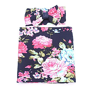 Little Jump 3 Sets Nerborn Receiving Blanket and Headband Set Flower Print Baby Swaddle Wrap Floral Baby Blankets for Girls and Boys.