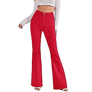 SweatyRocks Women's Casual Denim Pants Heart Print High Waist Stretchy Bell Bottom Flared Jeans Solid Red L