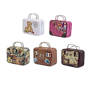 AUEAR, 5 Pack Vintage Mini Suitcase Boxes Candy Box Tin Plate Gift Box Coin Storage Container with Hinged Lids for Party Wedding Decoration (Style A)