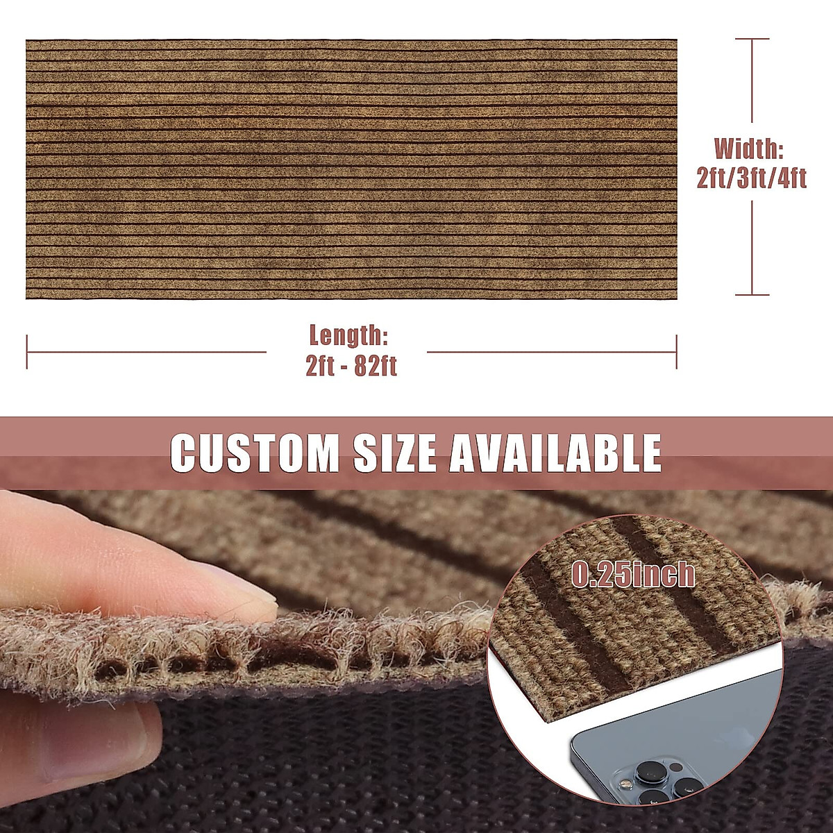 ZGR Runner Rug 2 ft x 6 ft Indoor/Outdoor Low Profile, Hallway, Kitchen, Patio, Deck Area, RV, Entryway, Garage, with Natural Non-Slip Rubber Backing, Brown with Brown Stripe, Custom