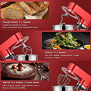 Stand Mixer, POWWA 7.5 QT Electric Mixer, 6+P Speed 660W Household Tilt-Head Kitchen Food Mixers with Whisk, Dough Hook, Mixing Beater & Splash Guard for Baking, Cake, Cookie, Kneading, ETL Certified (Red-with Handle)