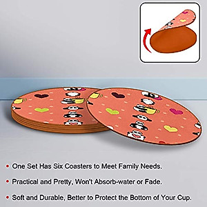 Coasters for Drinks Funny Sleepy Panda Coffee and Hearts Pattern Leather Round Mug Cup Pad Mat for Protect Furniture, Heat Resistant, Kitchen Bar Decor, Set of 6