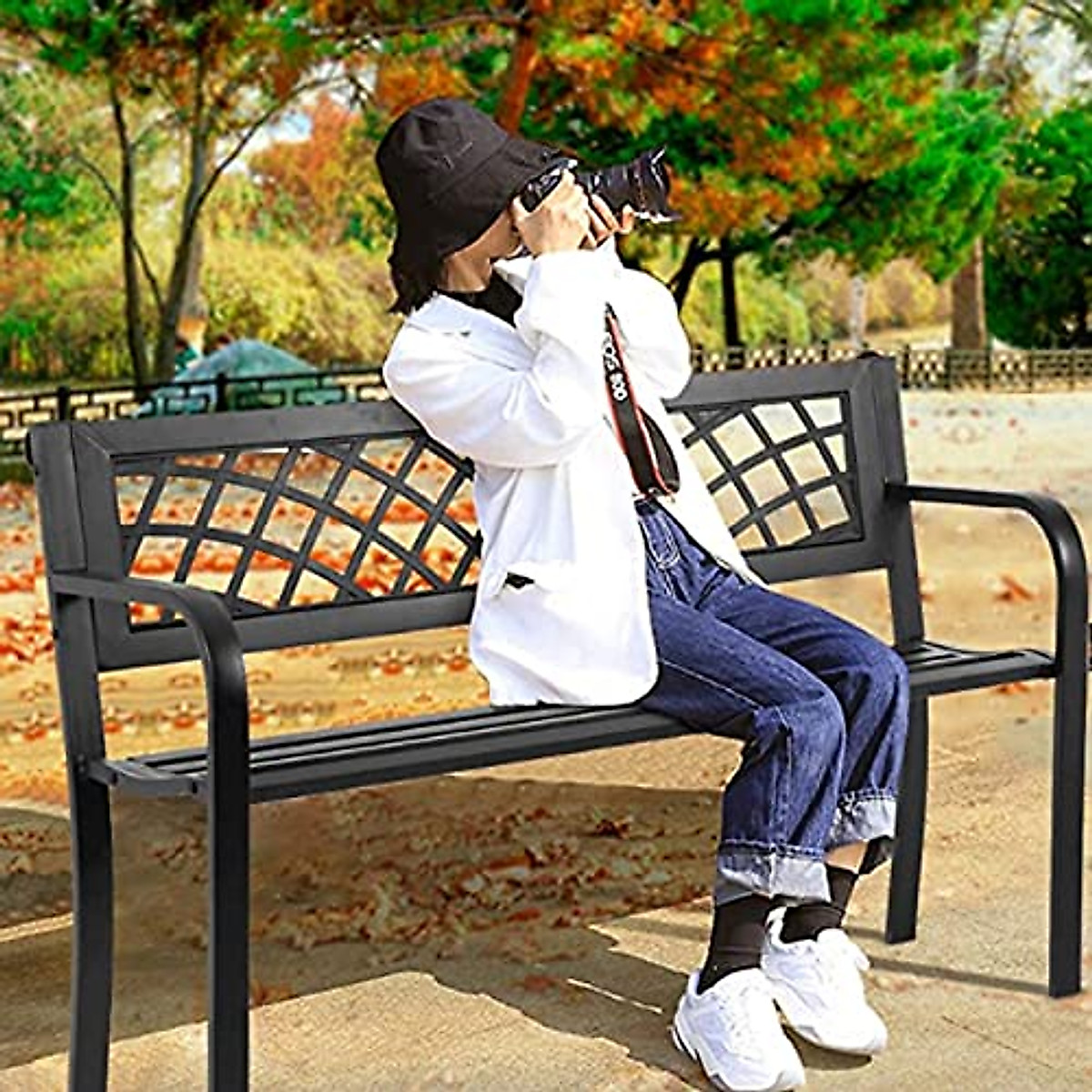 Qxznby Garden Bench Outdoor Bench Cast Iron Bench,Metal Outdoor Bench with Armrests,Outdoor Benches Clearance Sturdy Steel Frame Front Porch Bench for Park Yard Lawn Deck Entryway(Black)