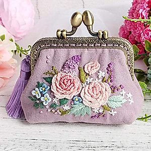 Firecolor DIY Coin Purse Flowers Embroidery Mini Retro Style Handmade Bag Cloth Material Package,Purple