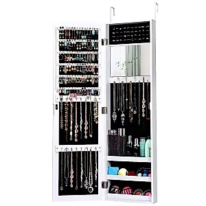 Giantex Wall Door Mounted Mirrored Jewelry Cabinet Jewelry Armoire Storage Organizer with Full Length Mirror Jewelry Cabinets (White)