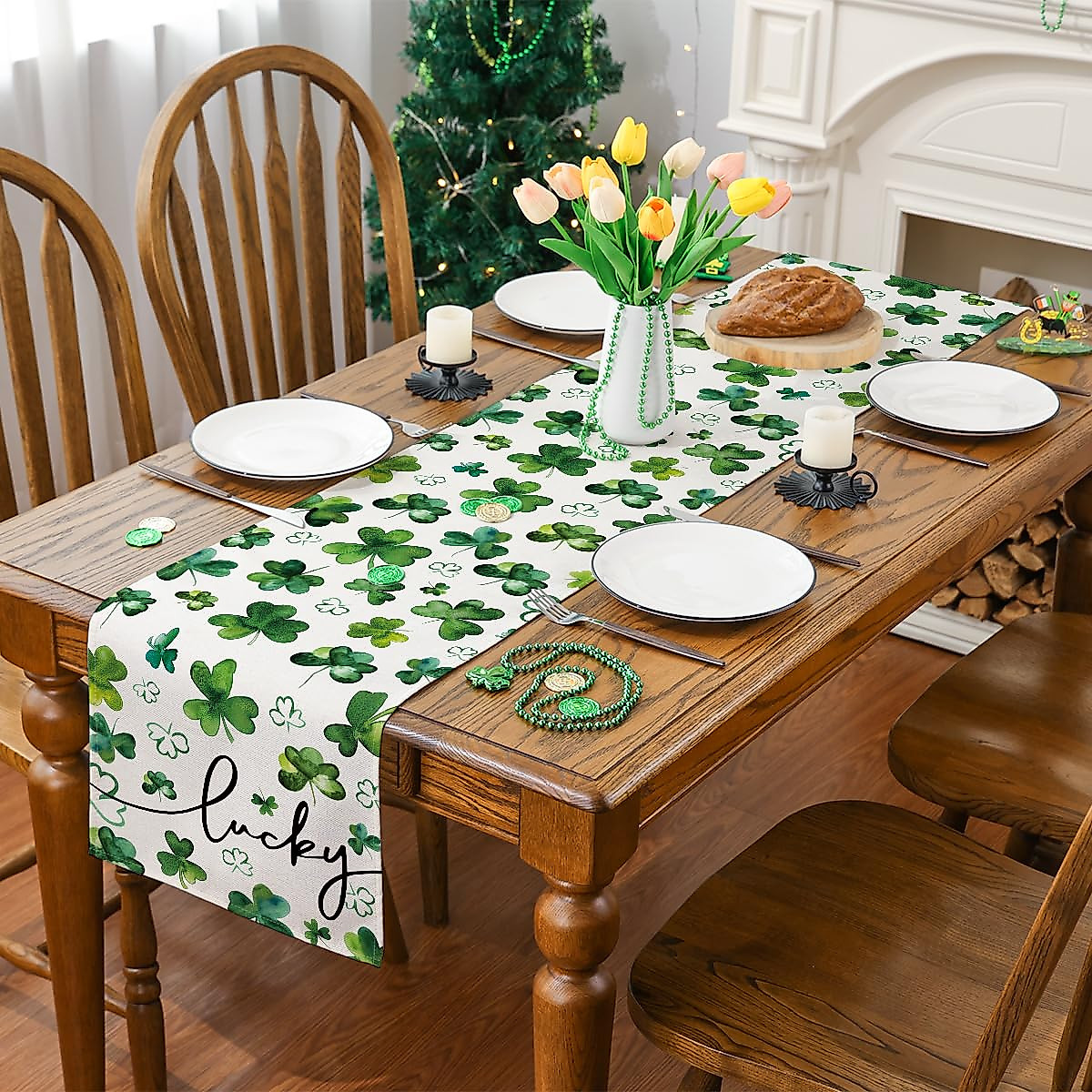Siilues St Patricks Day Table Runner, Lucky St Patricks Day Decoraions Green Shamrock Seasonal Spring Holiday Table Decorations for Indoor Outdoor Dining Table Decor (13'' x 72'')
