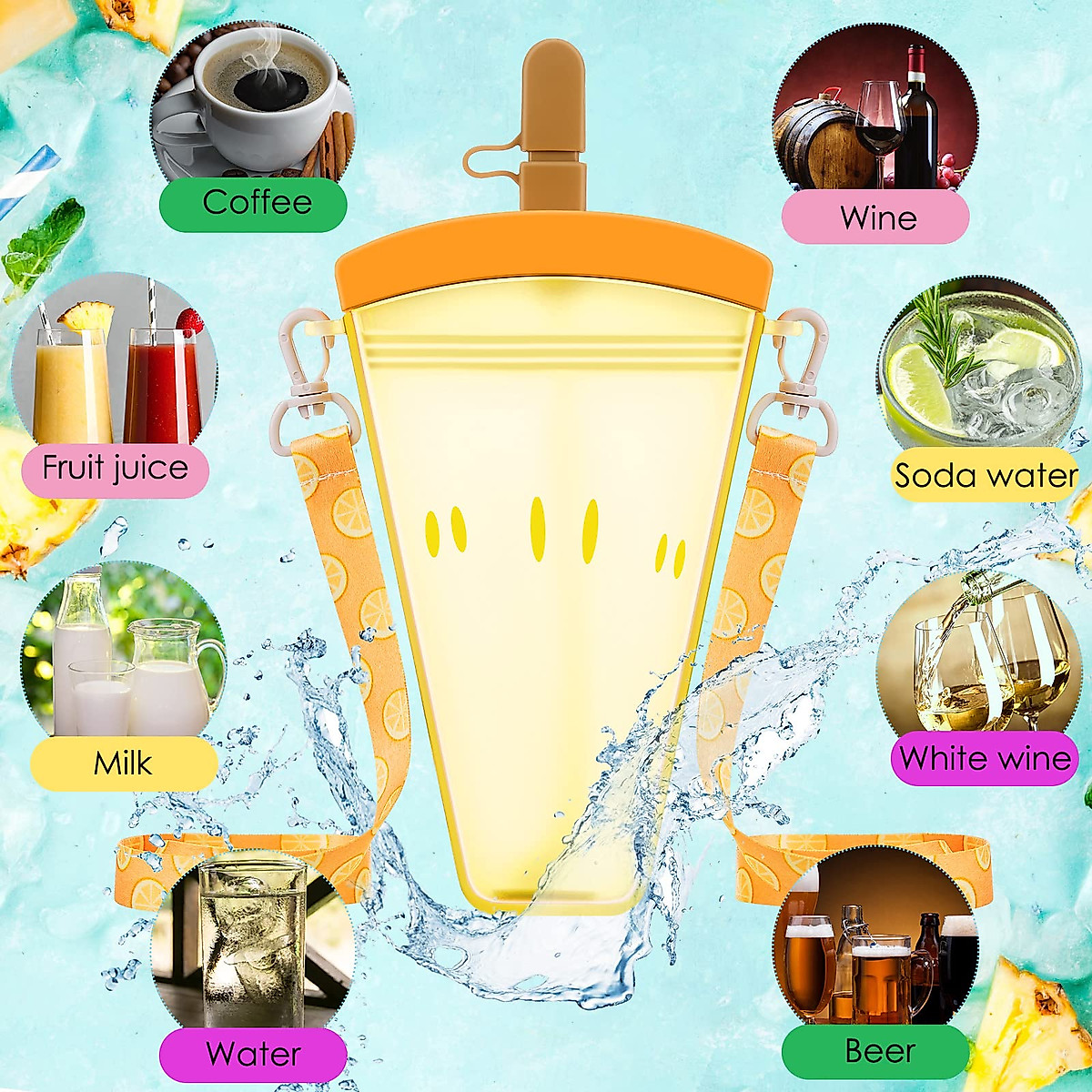 4 Pieces Cute Ice Cream Water Bottles with Strap Kawaii Camera Shaped Drinking Purse Ice Bar Transparent Jug Cup for Camping Sports Shopping Kids(Chic Style)