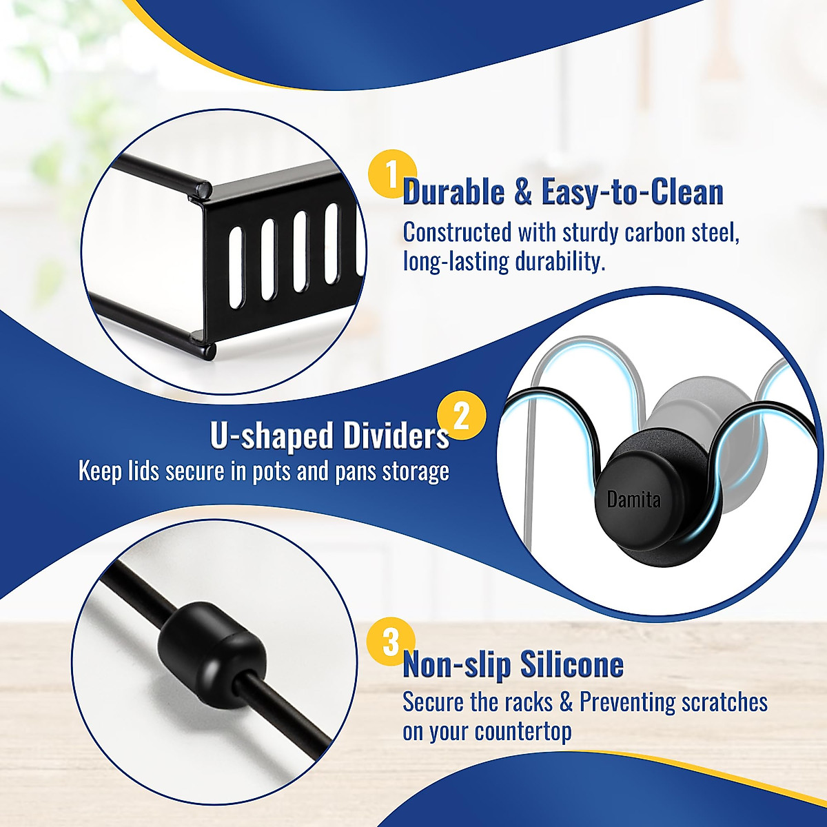 Damita Expandable Pot and Pan Organizer Rack for Cabinet, 2 Pack Pot Lid Holder with 10 Adjustable Compartments - Ideal Kitchen Cabinet Organizer for Cutting Board, Frying Pan, and More (Black)