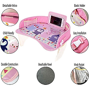 Kids Travel Tray for Toddler Car Seat, Toddler Car Seat Tray Organizer with Sturdy Play Table and Phone Holder, Road Design Enables Snack Play, Pink