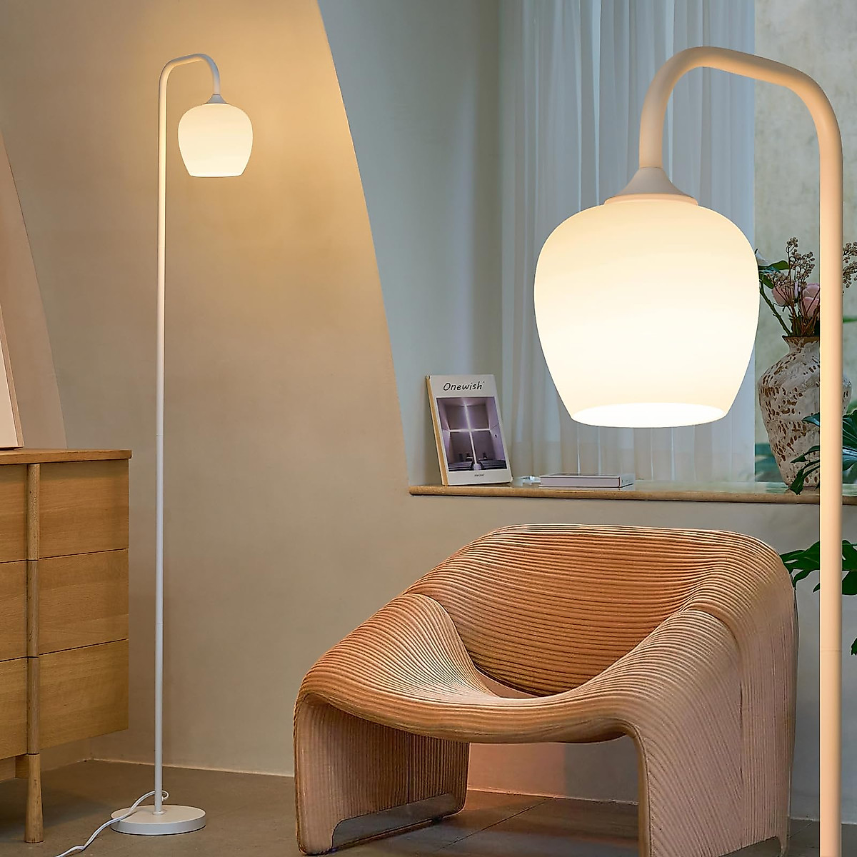 ONEWISH White Floor Lamp-Modern Standing Lamp for Living Room Bedroom, Opal Glass Lamp Shade, LED Bulb Included, for Reading Office, Simple Design Home Decor for Christmas Thanksgiving Day