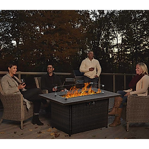Vakollia Propane Fire Pit Table,44 Inch 55000 BTU Outdoor Gas Fire Pit Rectangular with Glass Wind Guard for Outside Patio Deck (Brown-Aluminum Top)