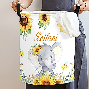 Custom Elephant Sunflower Bee Laundry Hamper Personalized Laundry Basket with Name Storage Basket with Handle for Living Room Bedroom Bathroom