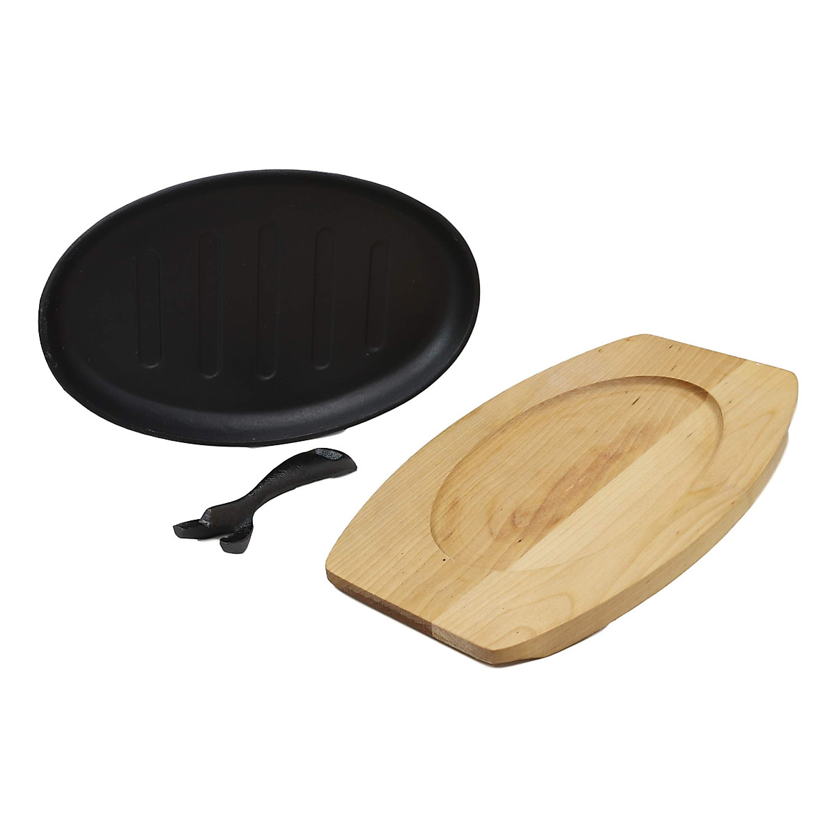 Ebros Personal Size 10.5" By 7" Enamel Coated Cast Iron Sizzling Fajita Skillet Ridged Japanese Steak Plate With Handle and Wood Base For Restaurant Home Kitchen Cooking Pan Grilling Meats Seafood