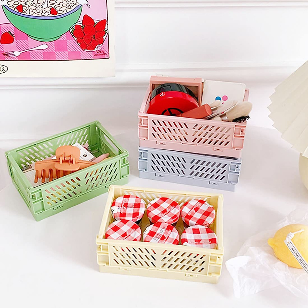 5-Pack Mini Pastel Crates,Plastic Folding Stacking Baskets,For Storage Organizing, Durable Reliable Storage Crate, For Kitchen,Classroom,Office,Bathroom Storage (Blue, Yellow, Pink, Green, Purple)