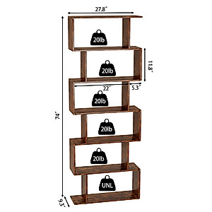 Yusong Geometric Bookcase, Bookshelf 6-Tier S Shaped Book Shelves for Bedroom, Modern Wood Decorative Display Shelf Tall Book Case for Home Office, Rustic Brown