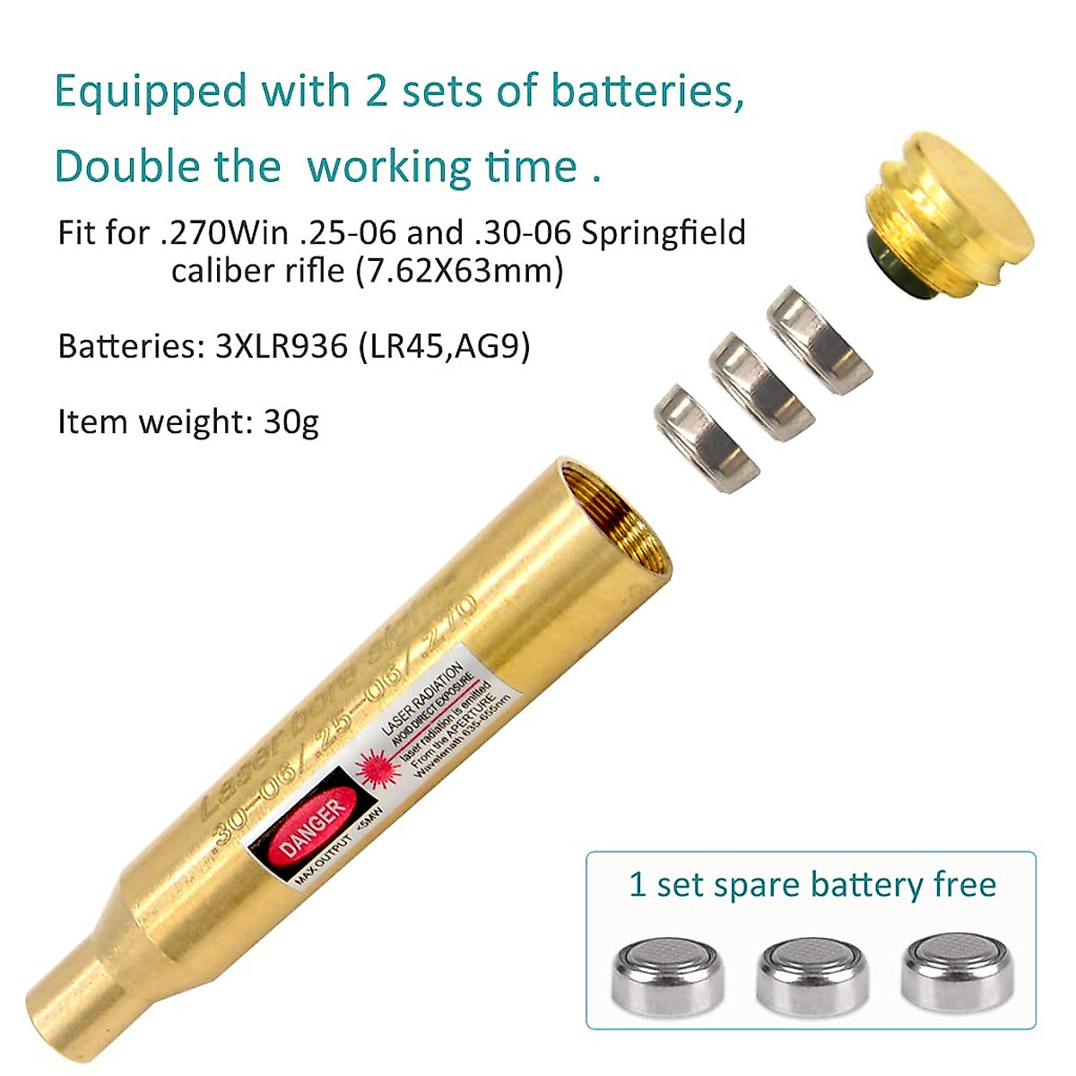 MOSANDON .30-06/25-06/270 Bore Sight Laser Red Dot Cartridge Laser bore Sighter with 2 Sets of Batteries